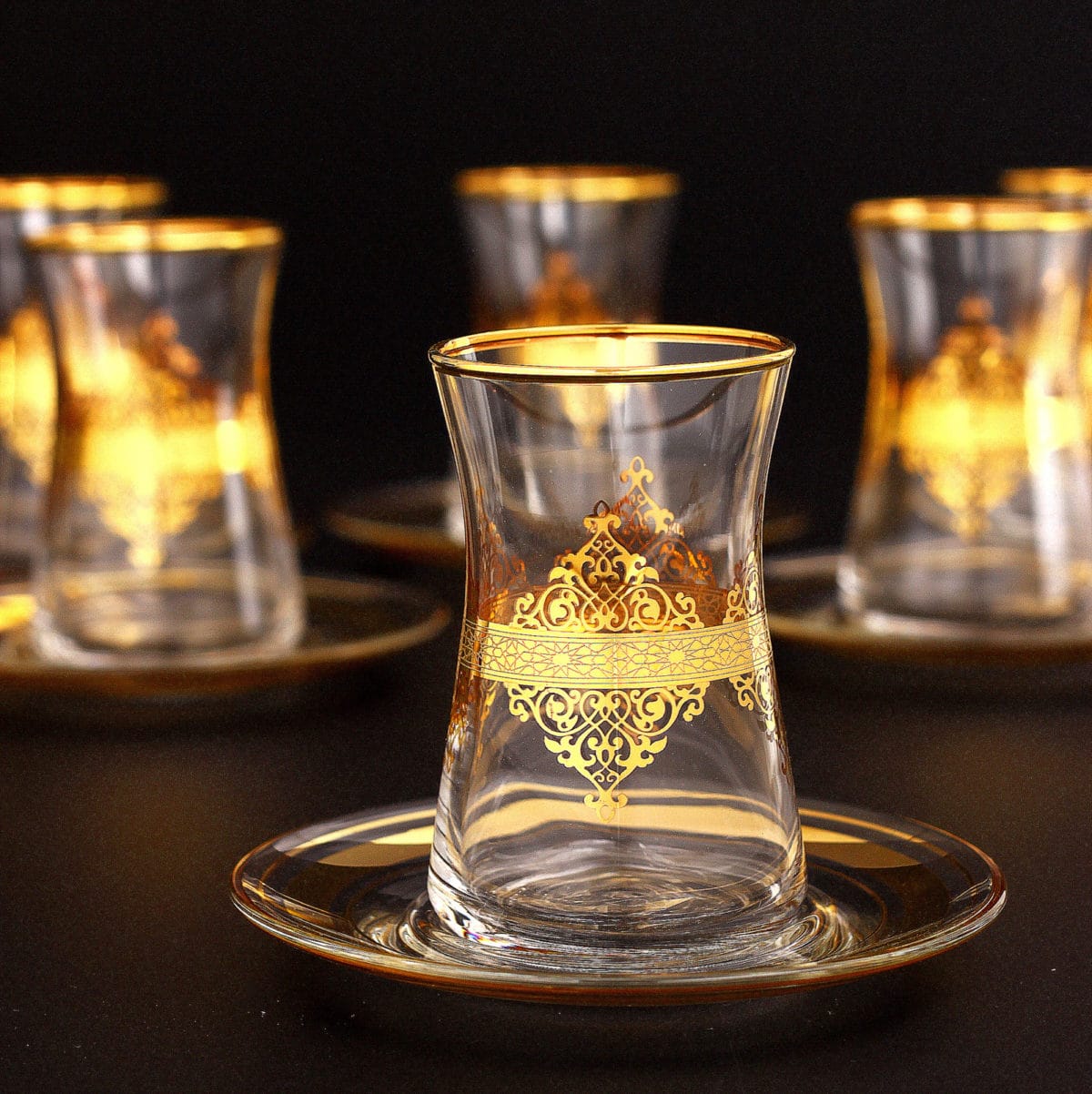 6x Gold Color Arabic Tea Glasses Set With Saucers – FairTurk.com