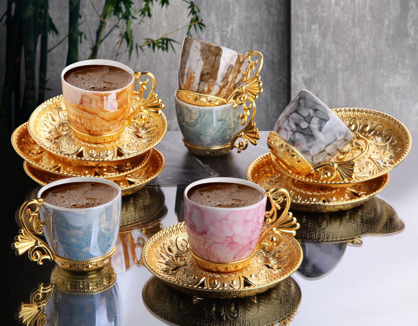 Colorfull Marble Design Luxury Gold Color Coffee Set | FairTurk.com